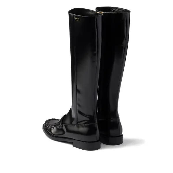 Prada Knee High Loafer Boots With Side Zip In Leather