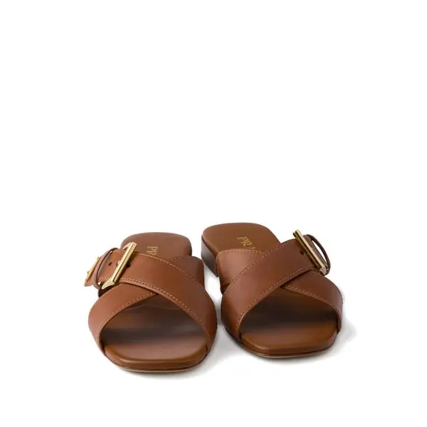 Prada Leather Criss-cross Buckled Flat Sandals - Brown