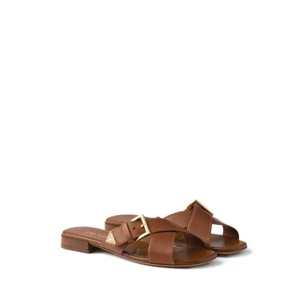 Prada Leather Criss-cross Buckled Flat Sandals - Brown