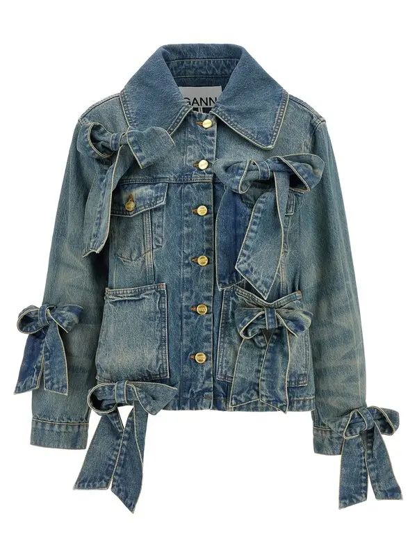 GANNI Light Rigid Denim Jacket With Bow Detail - Blue