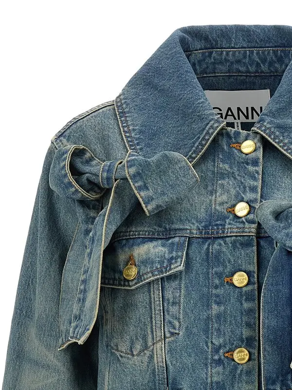 GANNI Light Rigid Denim Jacket With Bow Detail - Blue