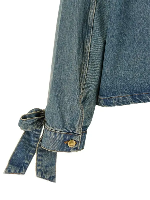 GANNI Light Rigid Denim Jacket With Bow Detail - Blue