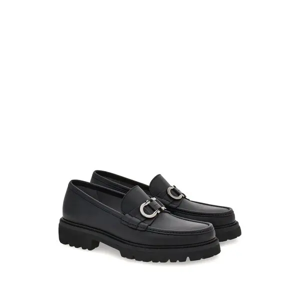 FERRAGAMO Calf Leather Gancini Buckle Loafers - Black