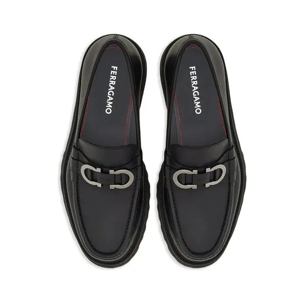 FERRAGAMO Calf Leather Gancini Buckle Loafers - Black
