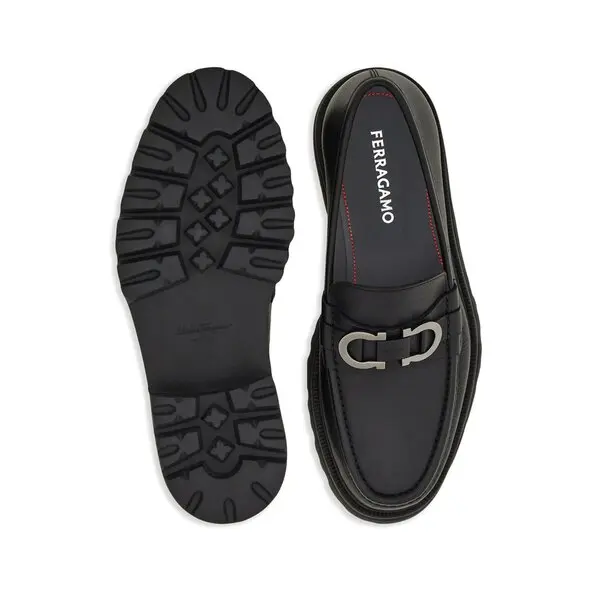 FERRAGAMO Calf Leather Gancini Buckle Loafers - Black