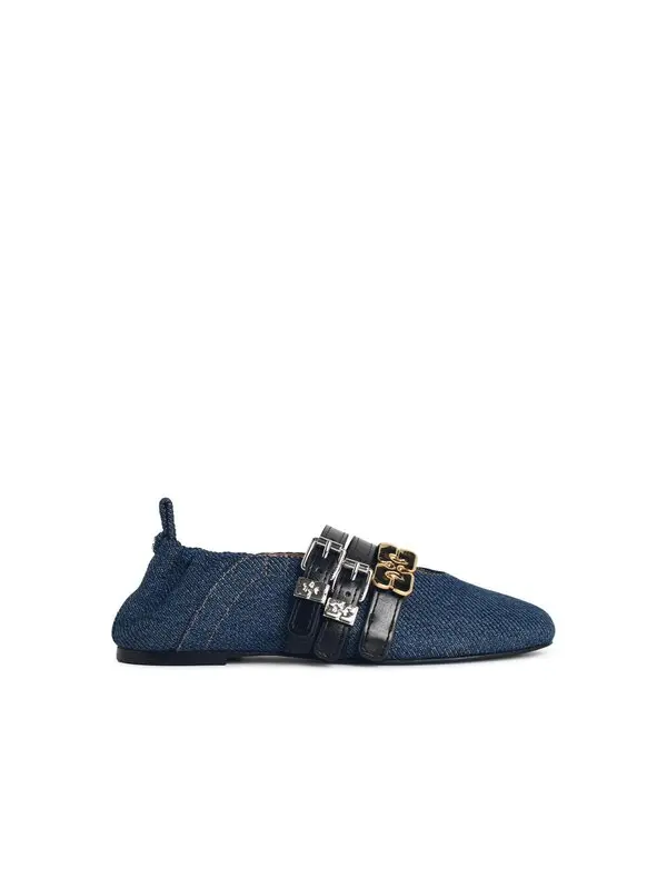 GANNI Sporty Denim Ballet Flats With Buckle Detail - Blue