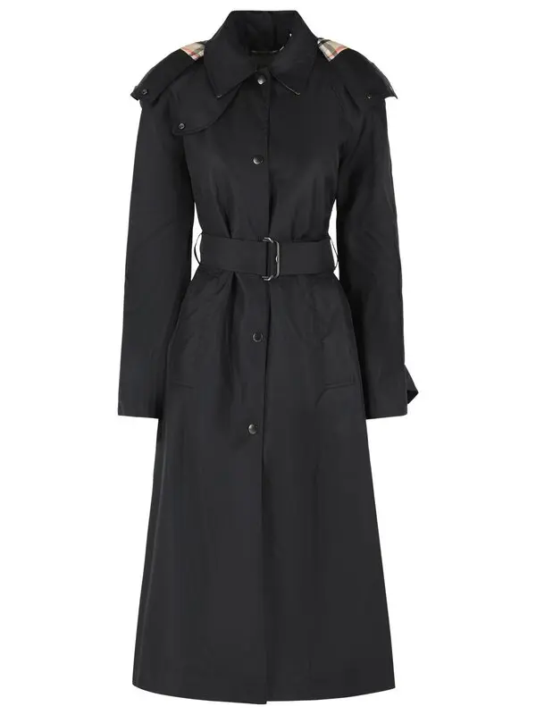Burberry Long Car Coat With Detachable Hood And Buckled Belt - Black