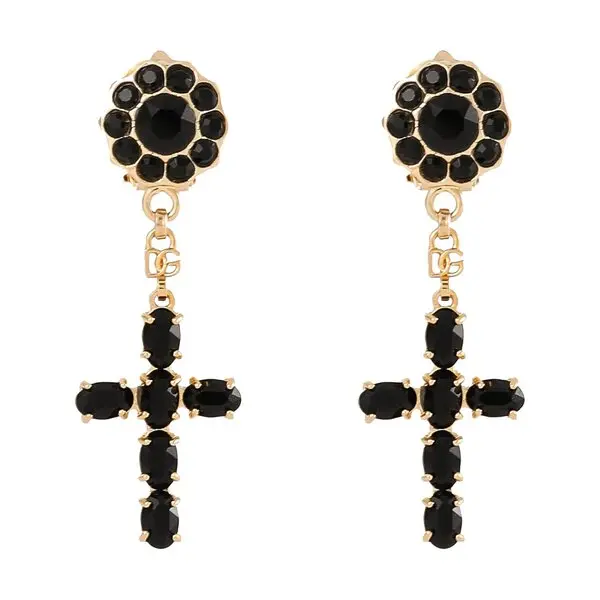 Dolce & Gabbana Crystal Cross Drop Earrings - Black