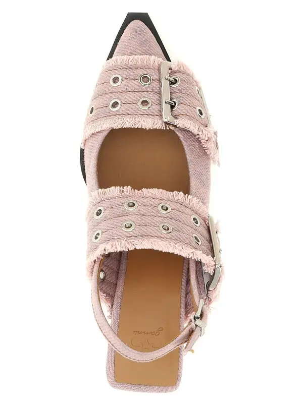 GANNI Feminine Buckle Fringed Denim Slingback - Pink
