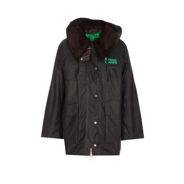 BARBOUR X GANNI Hooded Tartan Duffle Wax Jacket - Black
