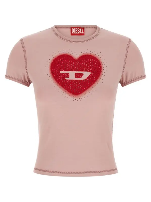 DIESEL® T-uncuties-long-s5" Cotton Stretch Jersey T-shirt With Rhinestone Embellished Heart Logo - Pink
