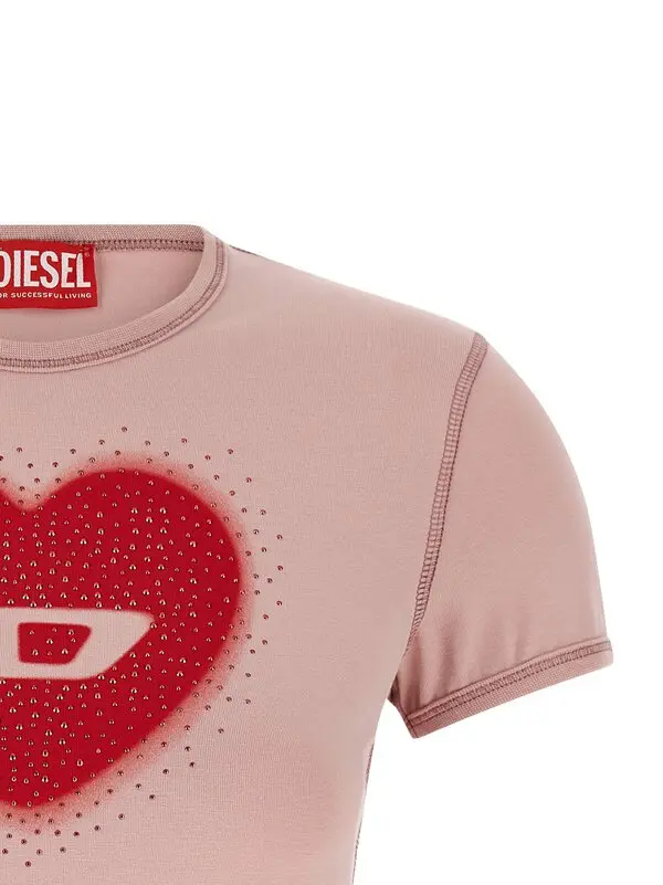 DIESEL® T-uncuties-long-s5" Cotton Stretch Jersey T-shirt With Rhinestone Embellished Heart Logo - Pink