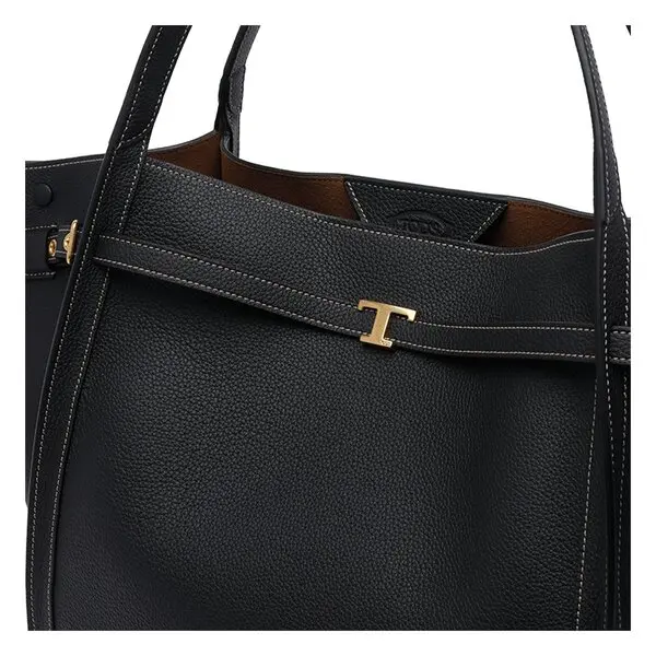 TOD'S Leather Shopping Bag With T Timeless Logo - Black