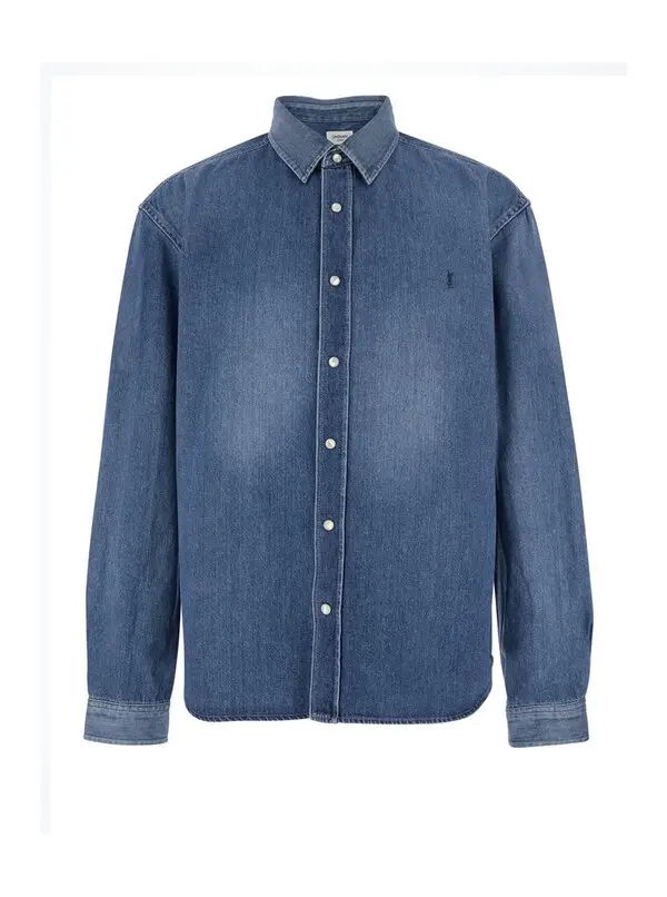 Saint Laurent Blue Denim Long Sleeve Shirt With Front Logo For