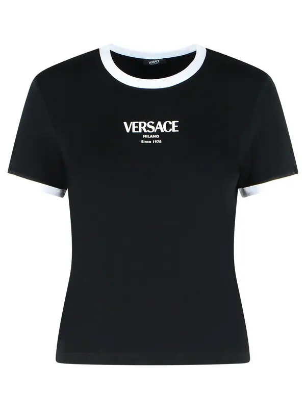 Versace Ribbed Viscose T-shirt With Contrast Logo - Black
