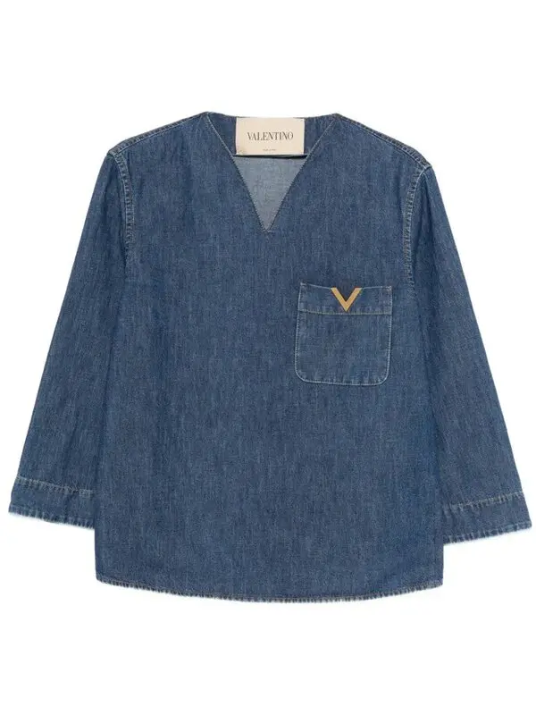 Valentino Garavani V-neck Denim Shirt With Logo Detail - Blue