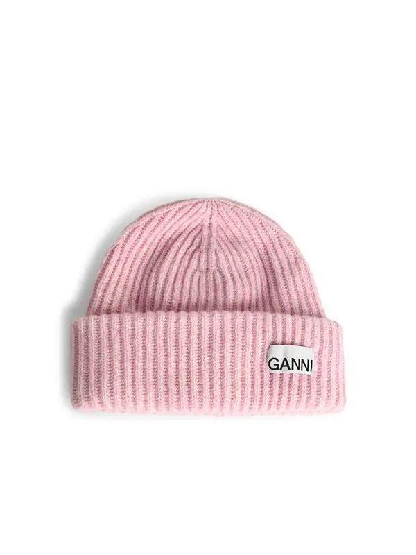 GANNI Ribbed Wool Beanie With Logo Detail - Pink