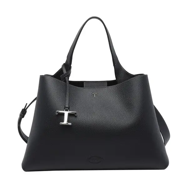 TOD'S Medium Leather Handbag With T Charm - Black