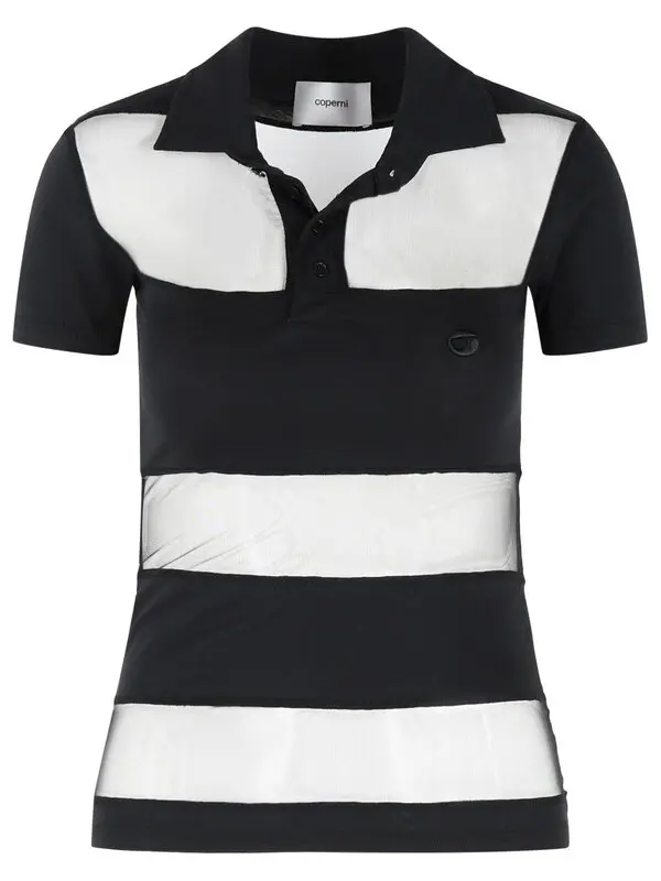 Coperni Striped Cotton Blend Polo Shirt With Mesh Panels - Black