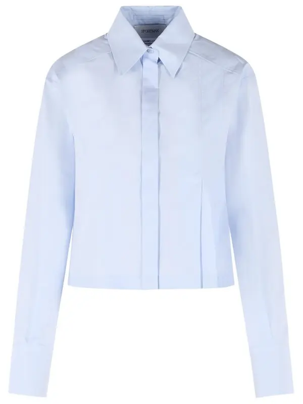 Sportmax Cropped Cotton Poplin Shirt With Asymmetrical Pleats - Blue