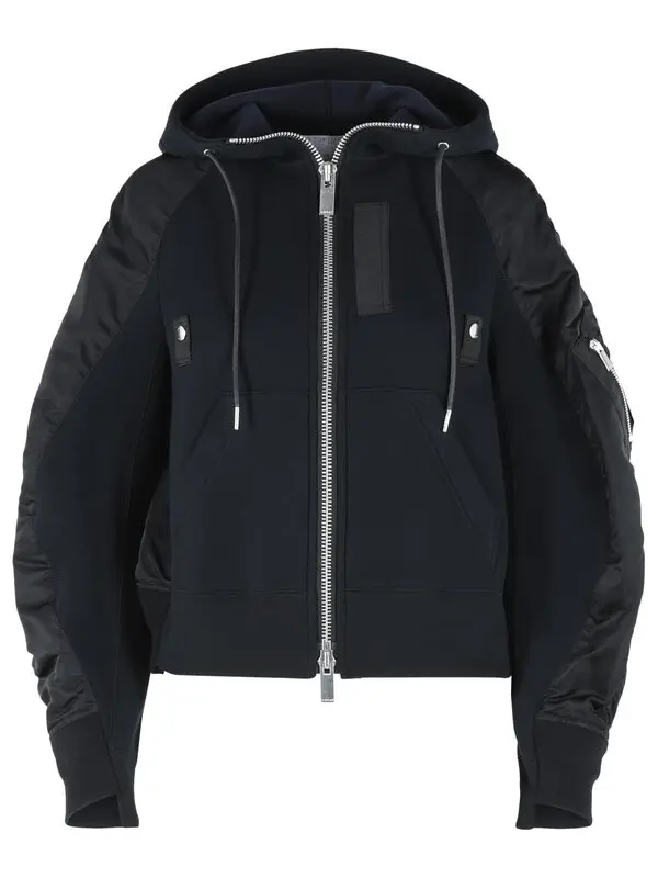 Sacai Cotton Blend Hoodie With Grosgrain Decorations - Black