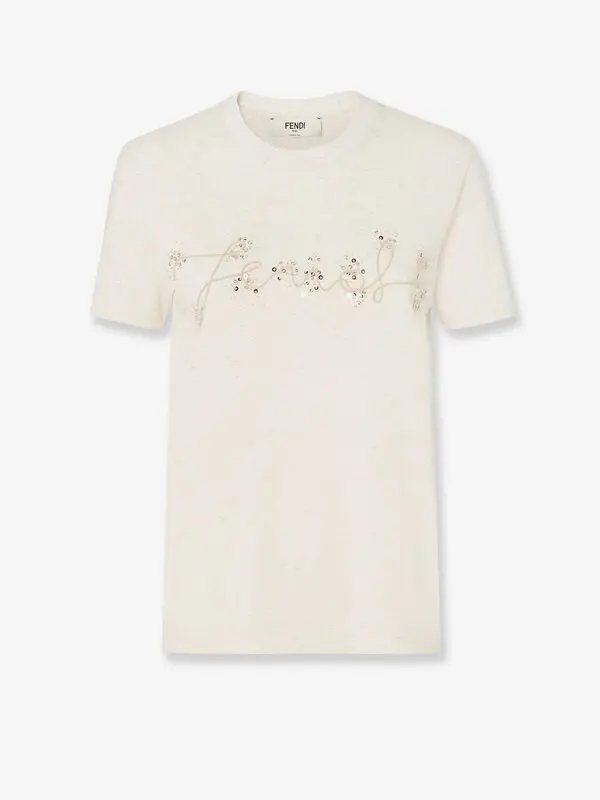 Fendi Cotton Blend T-shirt With Rhinestone Logo - Multicolor