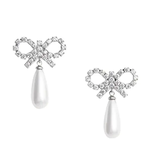 SELF-PORTRAIT Crystal Bow Pearl Drop Earrings - Silver