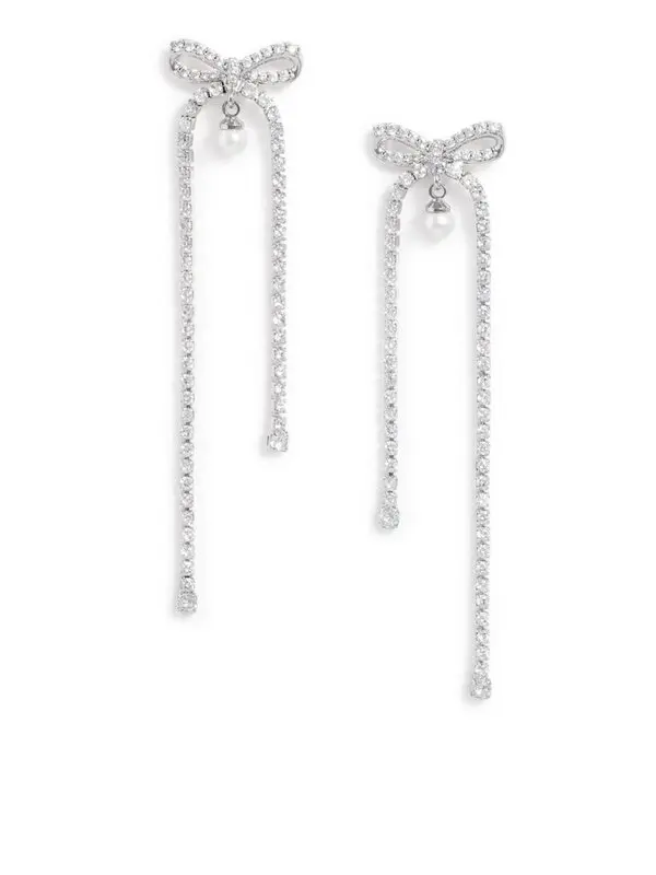 SELF-PORTRAIT Crystal And Pearl Bow Dangling Earrings - Silver