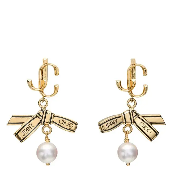 JIMMY CHOO Ribbon Pearl Drop Earrings - Gold