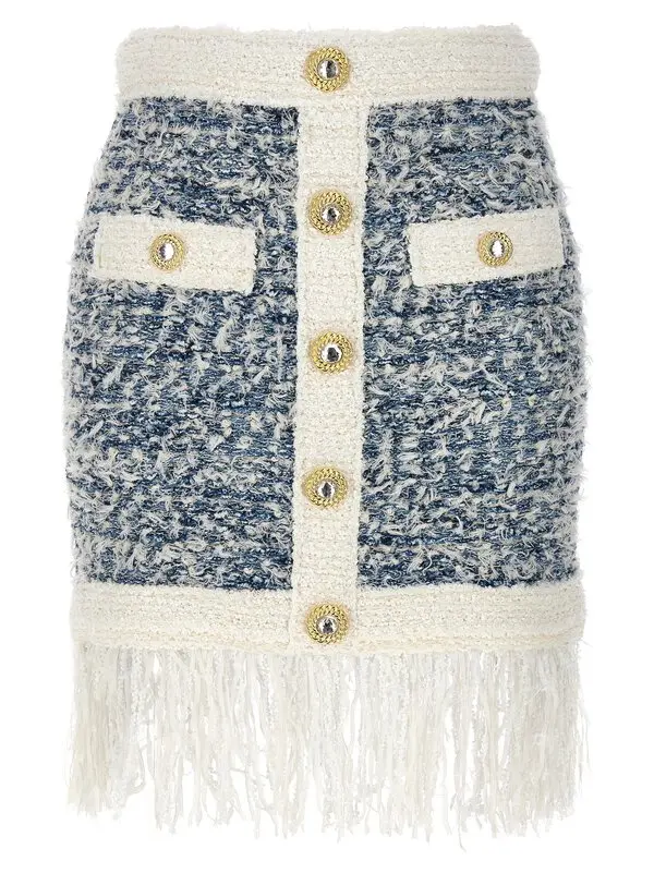 Balmain Fringed Tweed Skirt - Blue