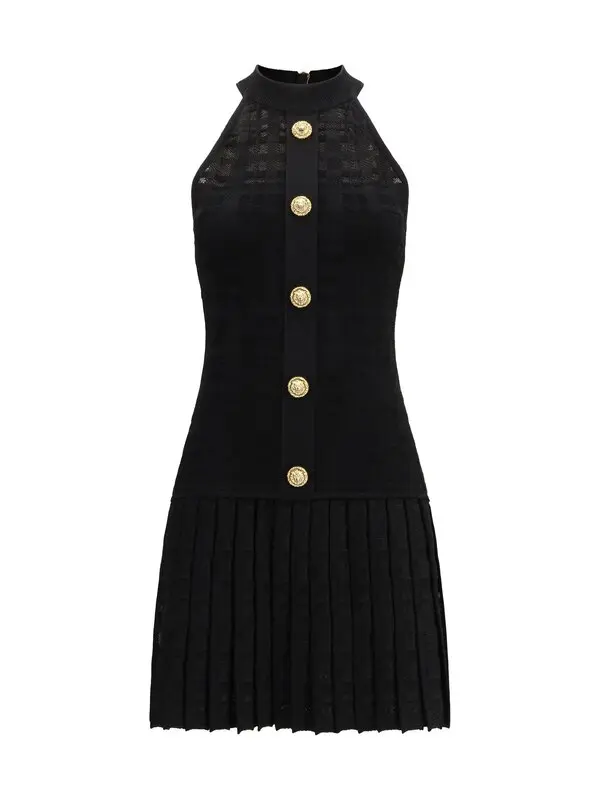 Balmain Pleated Mini Dress With Embossed Buttons