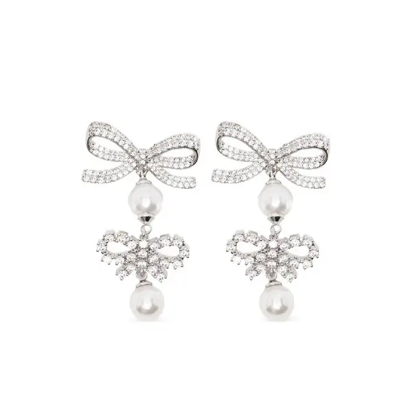 SELF-PORTRAIT Tone Double Bow Pearl Detail Drop Earrings - Silver