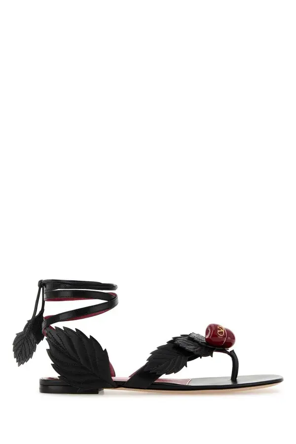 Valentino Garavani Kid Leather Thong Sandals With Cherry Embellishment - Black