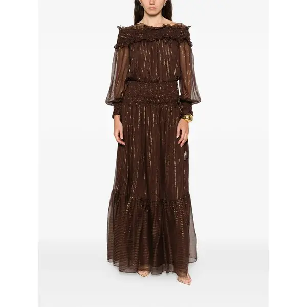 SELF-PORTRAIT Off-shoulder Maxi Dress With Metallic Stripes