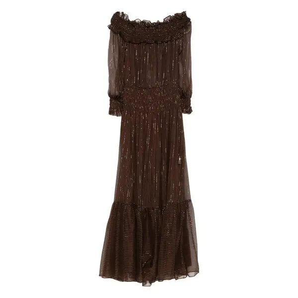 SELF-PORTRAIT Off-shoulder Maxi Dress With Metallic Stripes - Brown