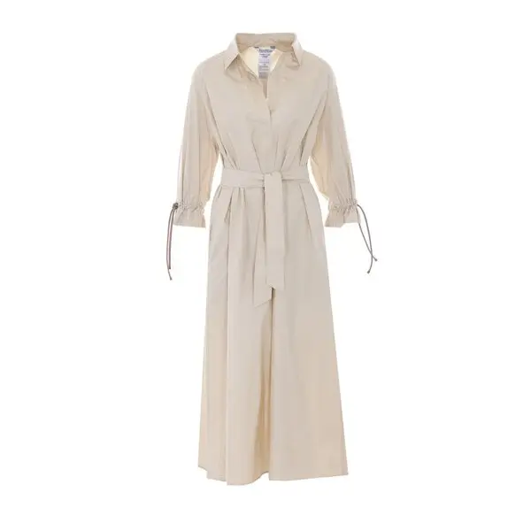 Max Mara Mirto Dress Long Sleeve V-neck Pleated Belted Cotton Dress - Cream