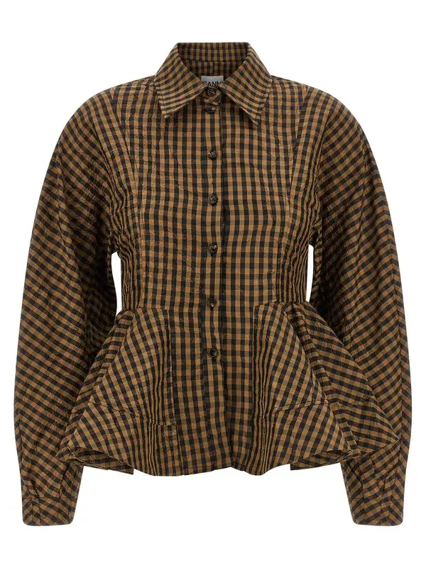 GANNI Crinkled Check Print Taffeta Blouse - Brown