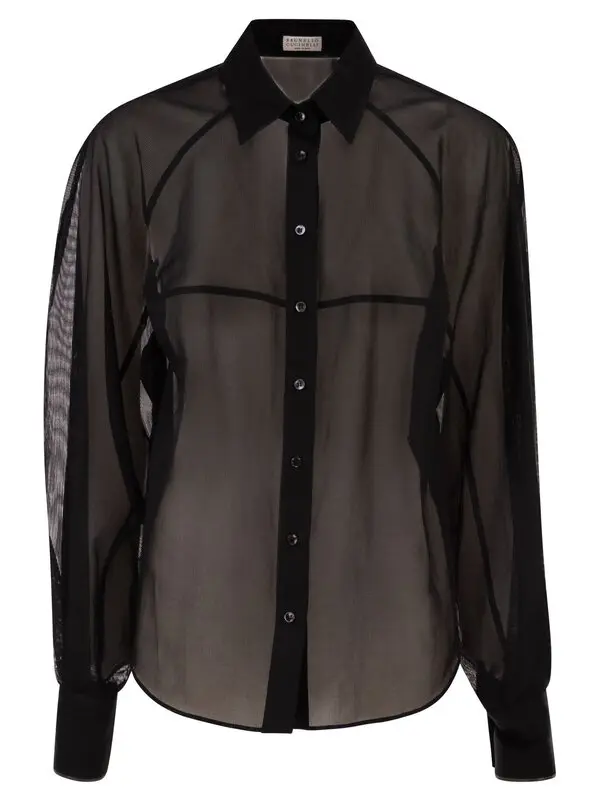 Brunello Cucinelli Cotton Organza Striped Shirt With Embellished Cuffs - Black