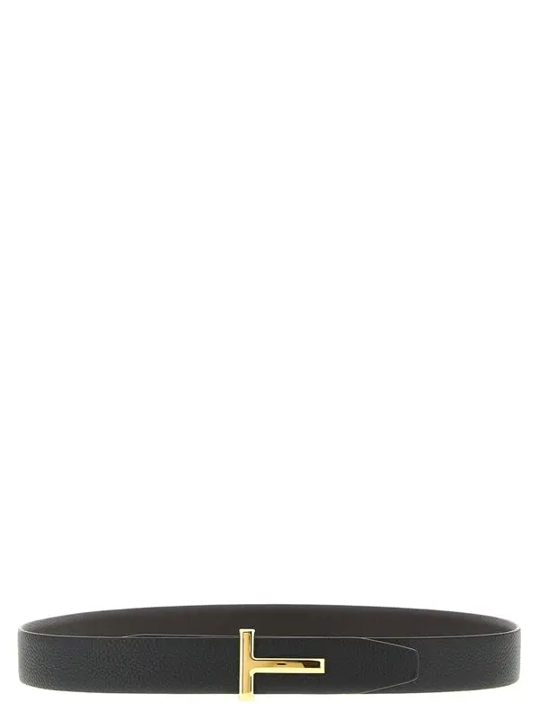 TOM FORD Hammered Reversible Leather Belt With Gold Logo Buckle - Multicolor