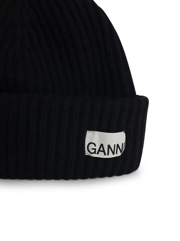 GANNI Ribbed Wool Beanie - Black