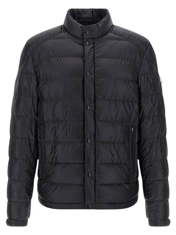 Moncler Quilted Down Jacket With High Neck And Logo Patch - Blue
