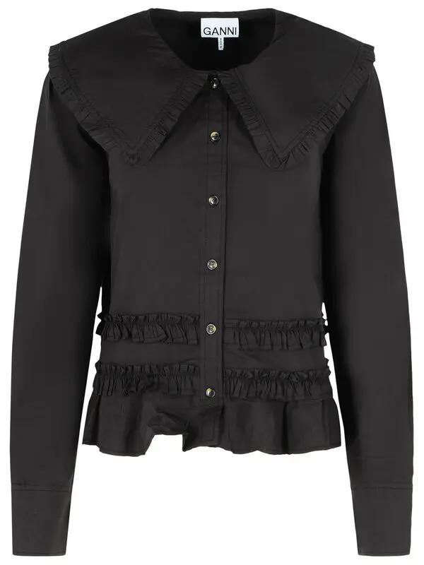 GANNI Cotton Shirt With Ruffle Detailing