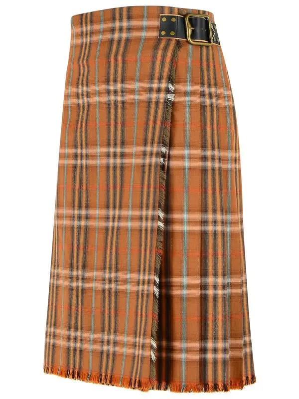 Burberry Wool Kilt With Check Pattern And Leather Straps - Orange