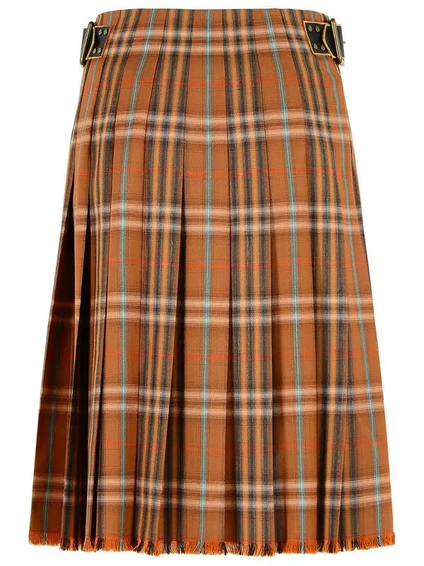 Burberry Wool Kilt With Check Pattern And Leather Straps - Orange