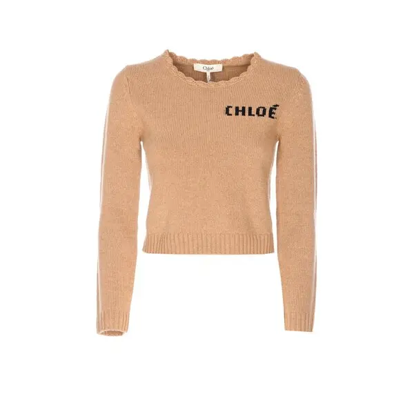 Chloé Embroidered Logo Crew Neck Sweater - Brown