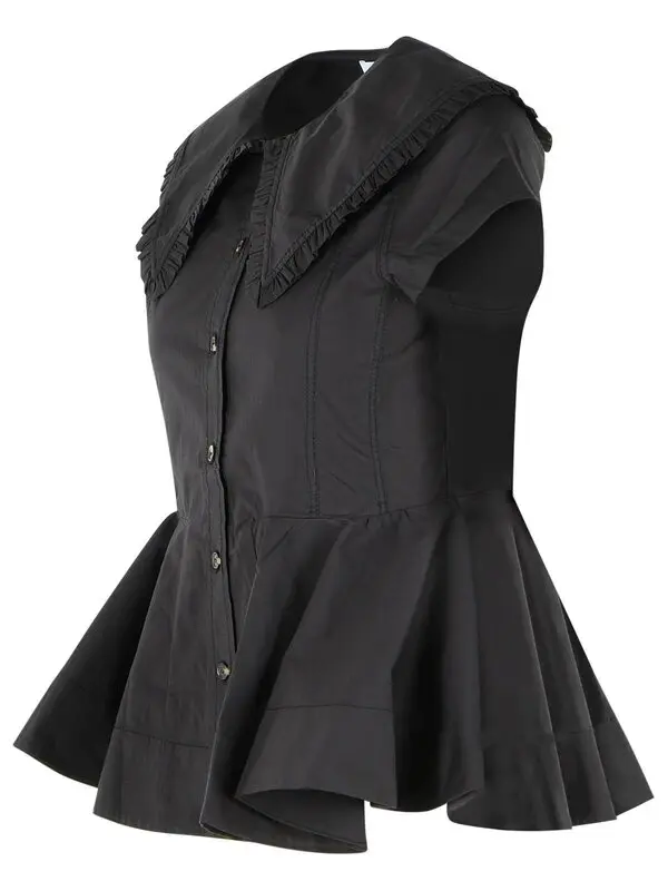 GANNI Cotton Shirt With Wide Rounded Collar And Short Sleeves - Black