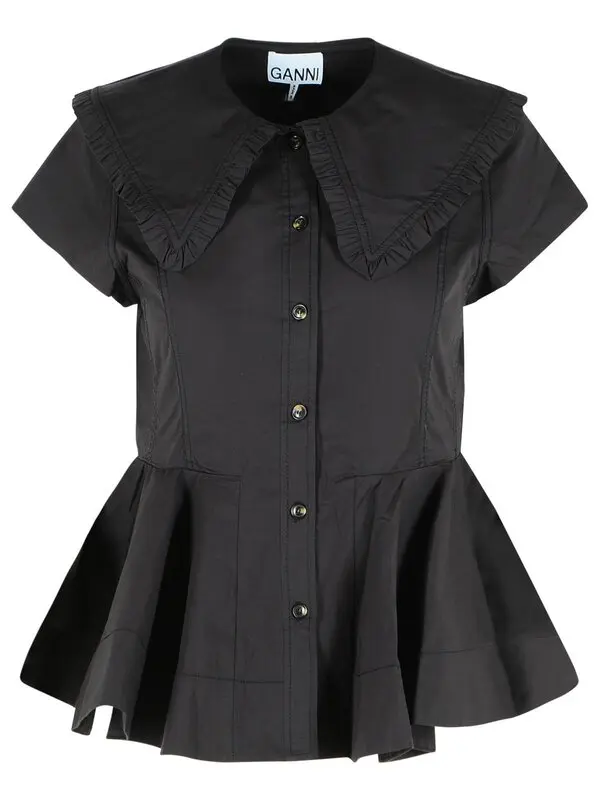 GANNI Cotton Shirt With Wide Rounded Collar And Short Sleeves - Black