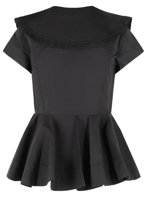 GANNI Cotton Shirt With Wide Rounded Collar And Short Sleeves - Black