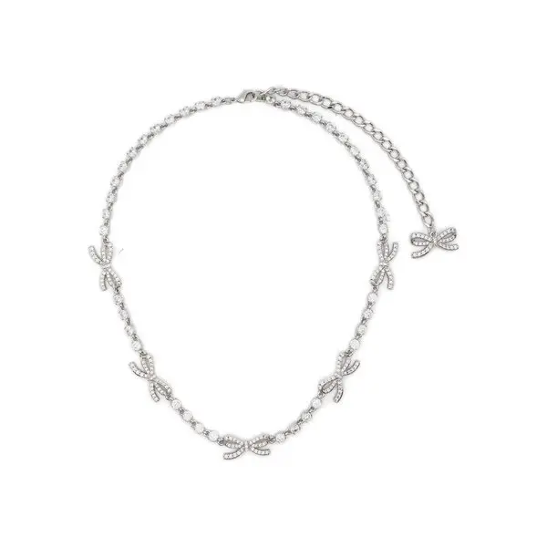 SELF-PORTRAIT Tone Crystal Embellished Bow Detail Necklace - Silver