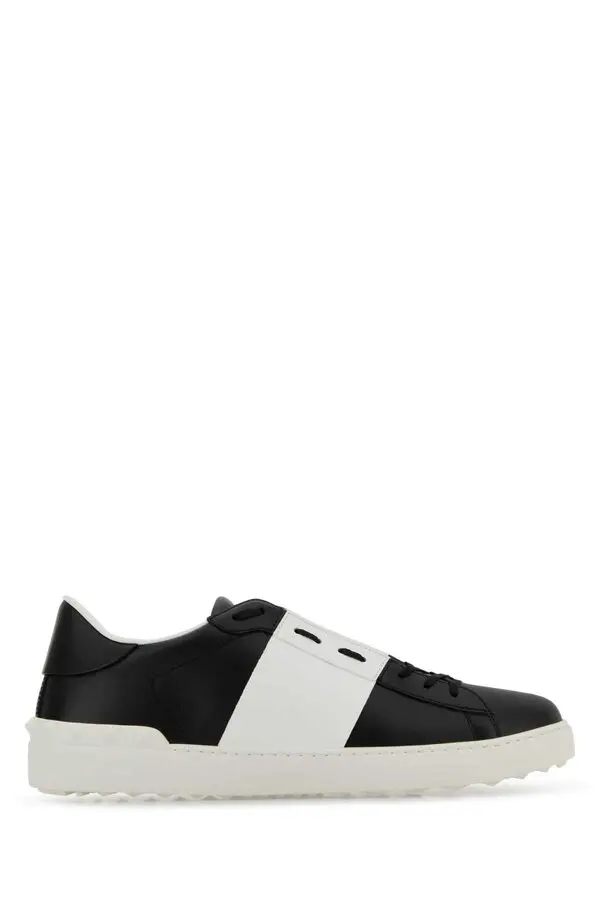 Valentino Garavani Calf Leather Open Sneakers With White Band - Black